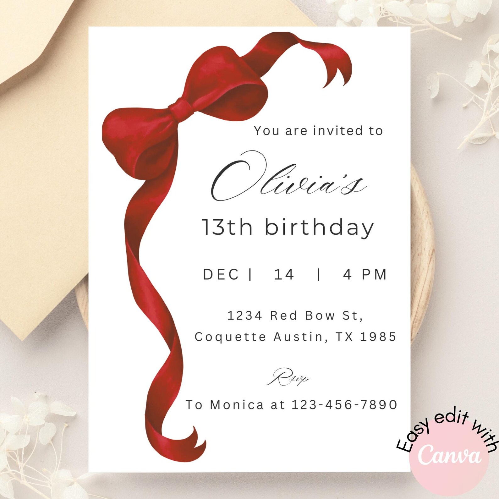 Red Ribbon, Christmas Invitation, Birthday Invitation, Red Bow, Any Age ...