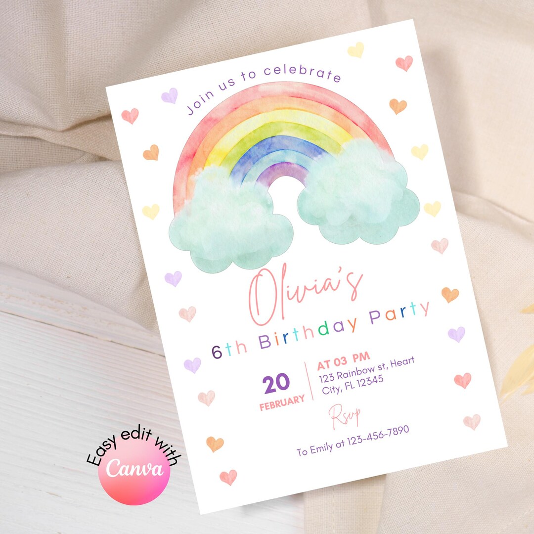 Editable Rainbow Invitation Birthday, Invitation Girls, Rainbow Party ...
