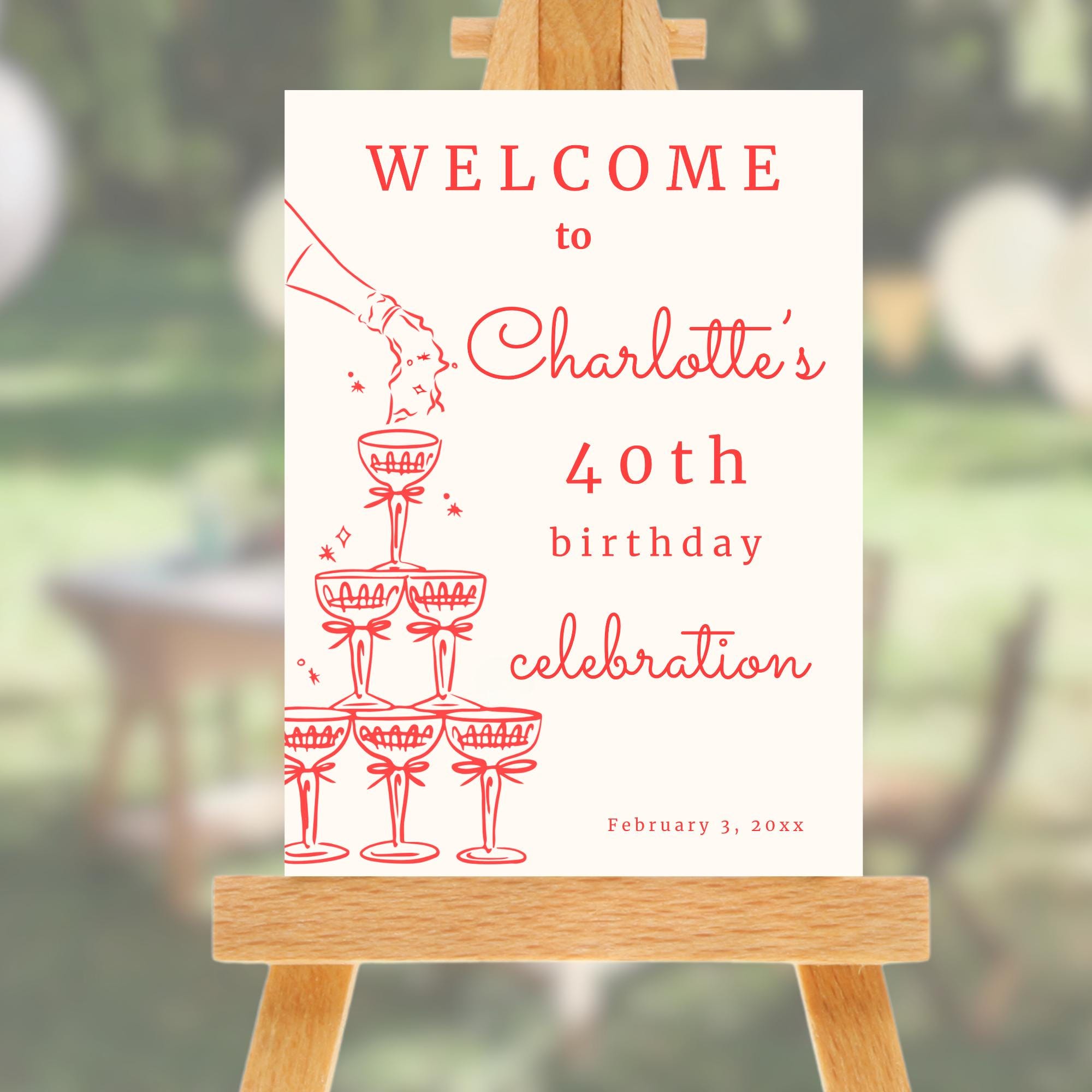 40th Birthday Welcome Sign, Hand Drawn Champagne Tower, Happy Birthday ...