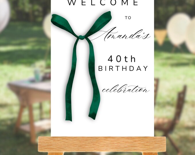 Editable Green Bow Birthday Welcome Sign, Minimalist Green Bow Birthday ...