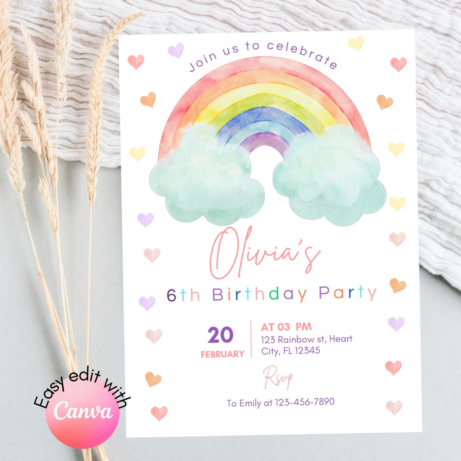 Editable Rainbow Invitation Birthday, Invitation Girls, Rainbow Party ...