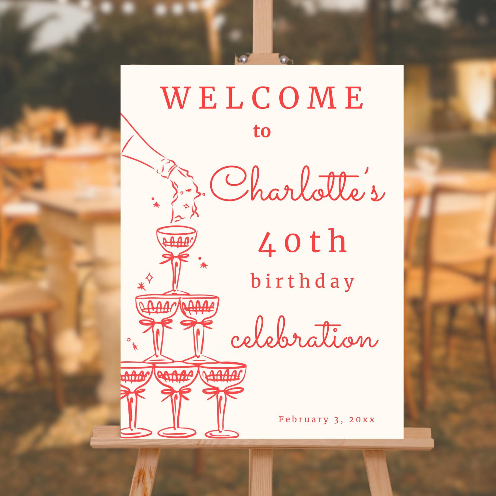 40th Birthday Welcome Sign, Hand Drawn Champagne Tower, Happy Birthday ...