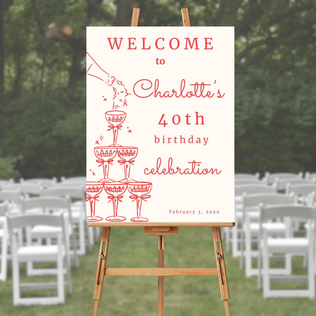 40th Birthday Welcome Sign, Hand Drawn Champagne Tower, Happy Birthday ...