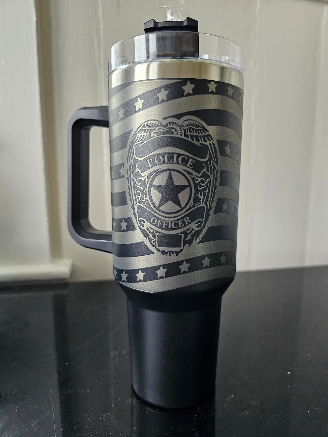Police Officer Laser Engraved Black 40oz Insulated Tumbler With Handle ...
