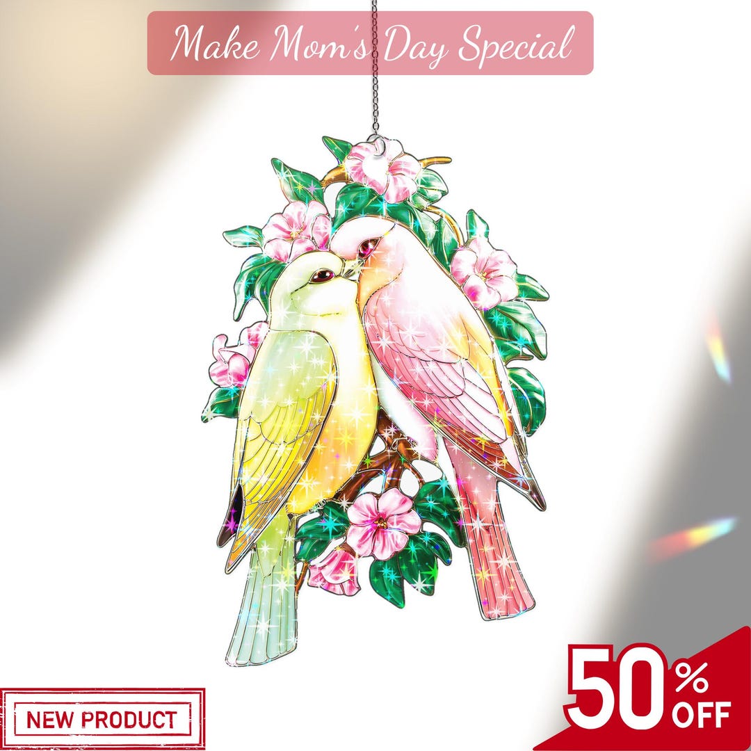 Romantic Bird Couple Acrylic Starburst Hologram Suncatcher Window ...
