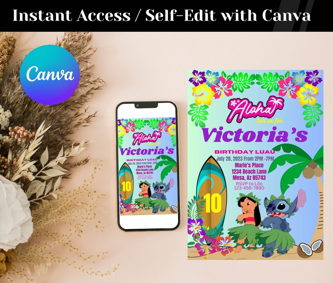 Lilo and stitch birthday party invitation, Luau invitation digital ...