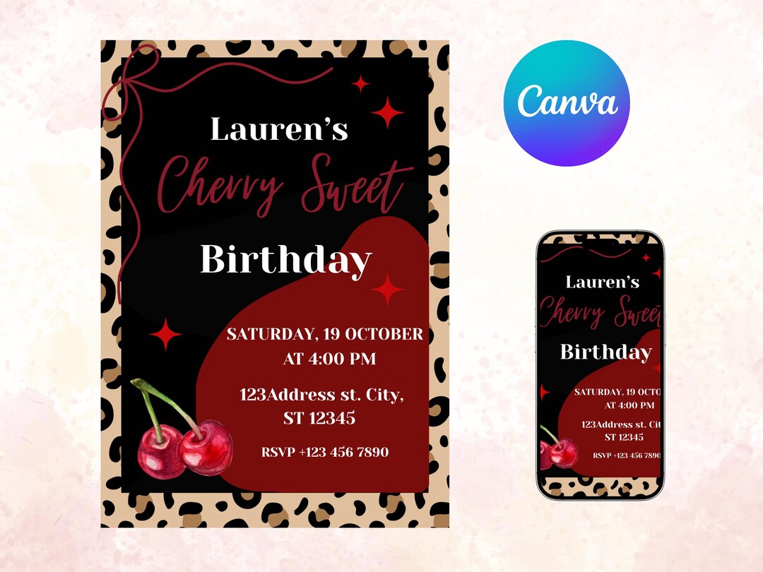 Cheetah Cherry Birthday Invitation, Canva Template (digital Download ...