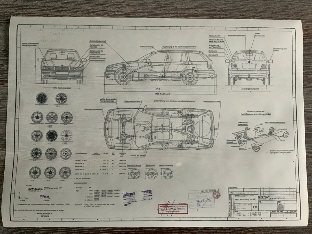 BMW E36 Touring alle Modelle Konstruktionszeichnung ART work Blaupause ...
