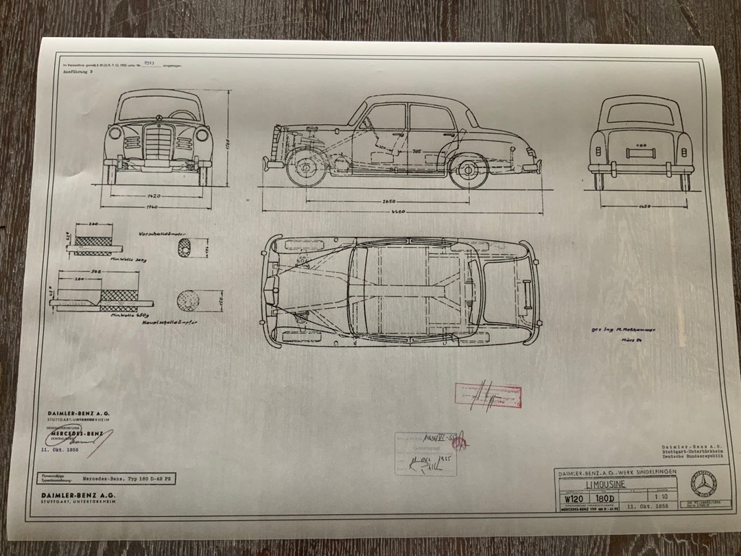 Mercedes W120 180D Ponton 1955 ( 180D 43 HP ) Construction Drawing ART ...