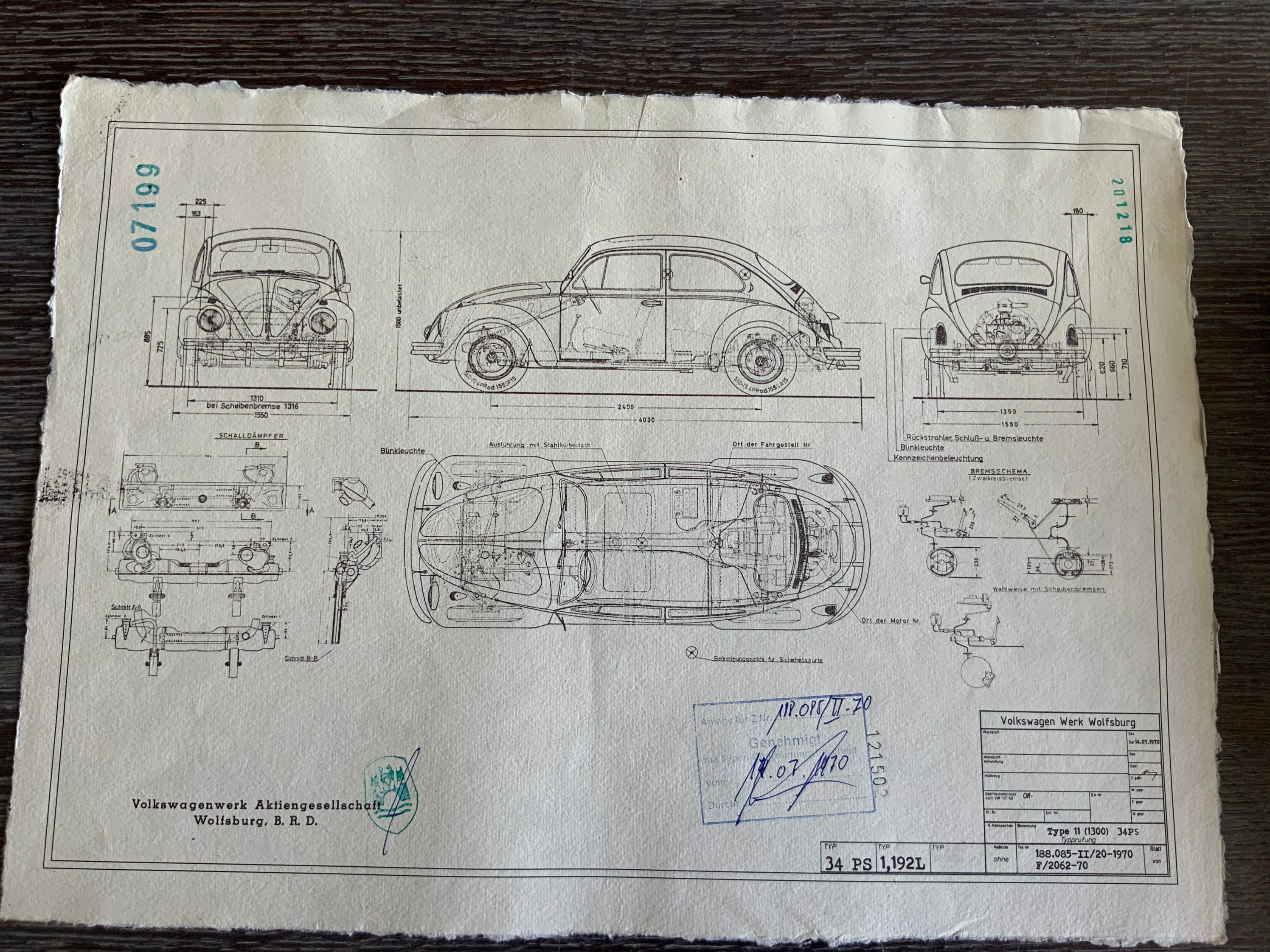 Beetle 1200 34 HP 1970 construction drawing ART work Blueprint
