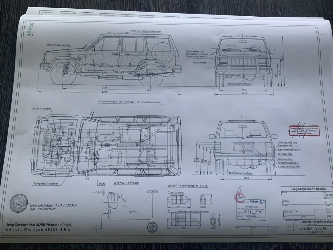 Jeep Cherokee Chrysler 4L 1988 Construction Drawing ART Work Blueprint ...