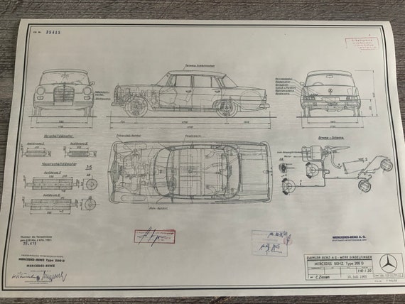 Mercedes W110 200 D 1965 Blueprint Design Drawing ART Work - Etsy