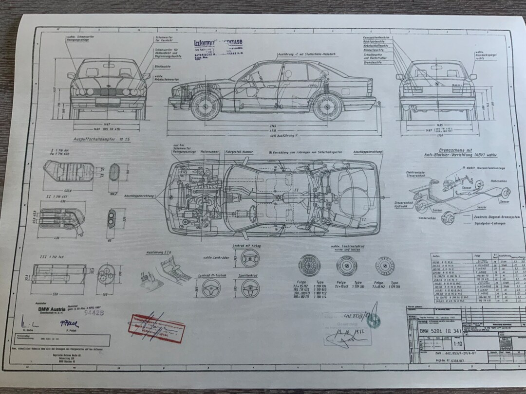 BMW E34 520i 1987 Construction Drawing Artwork - Etsy