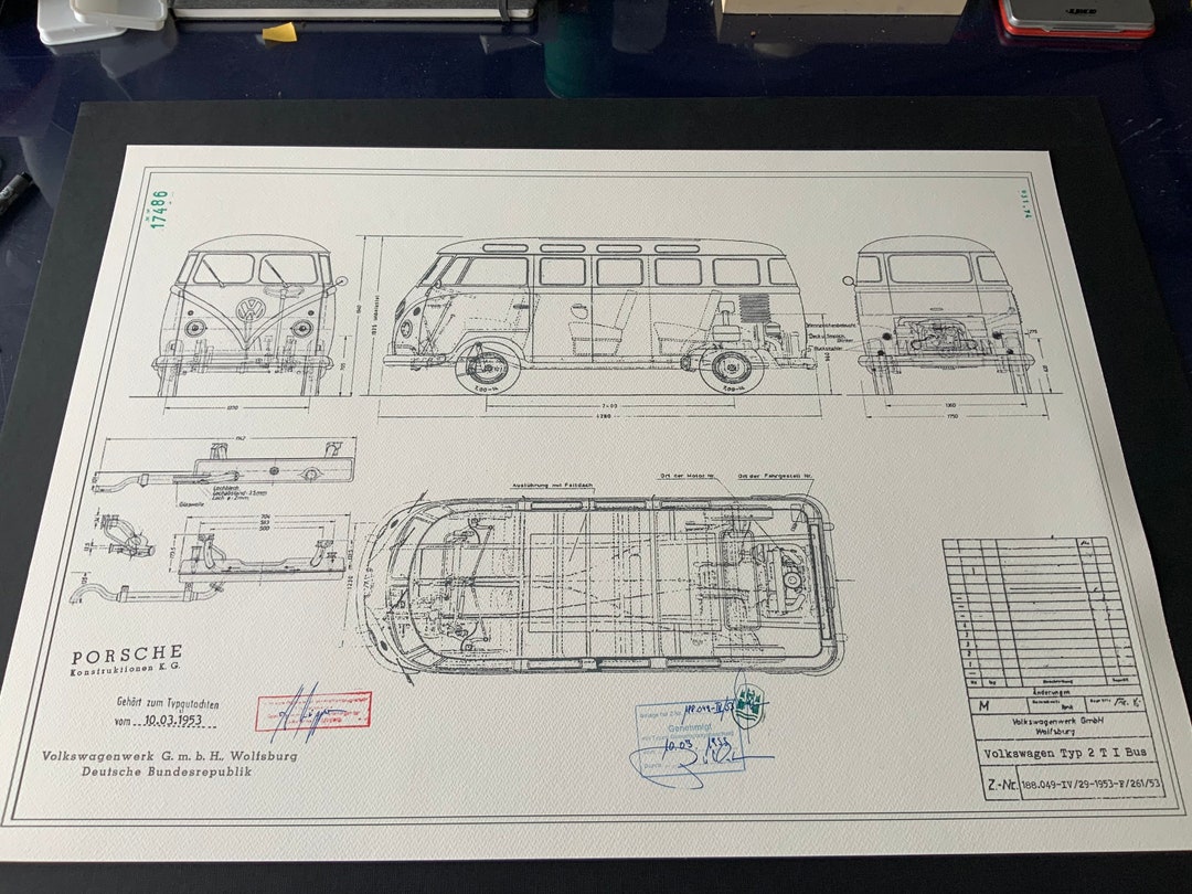 Type 2 24 Samba T1 1953 VW Construction Drawing ART Work Blueprint - Etsy