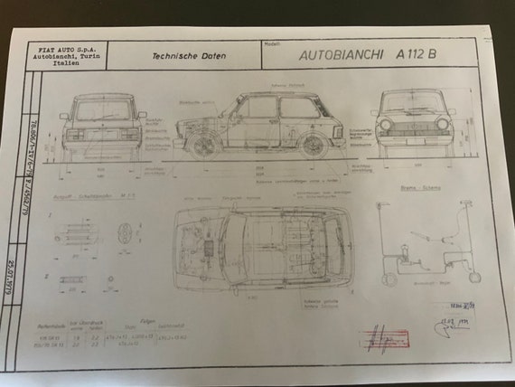 Autobianchi A112 B 1979 Construction Drawing ART Work - Etsy