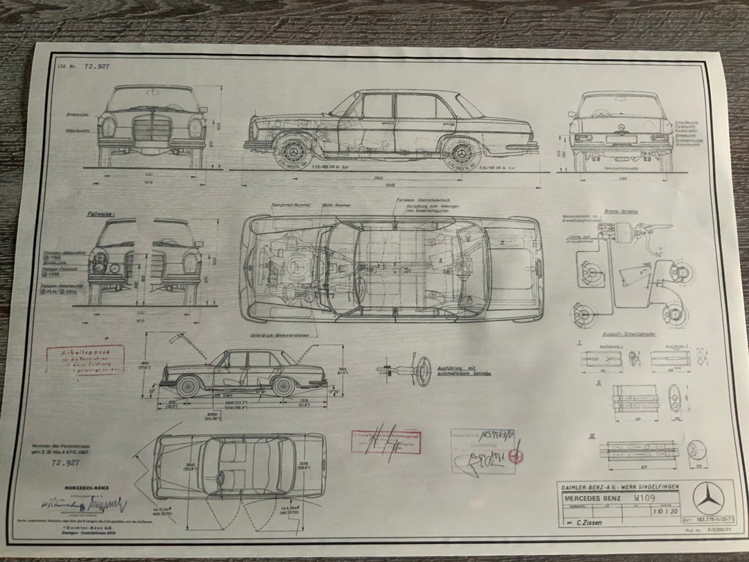 Mercedes W109 1971 Construction Drawing ART Work Blueprint - Etsy