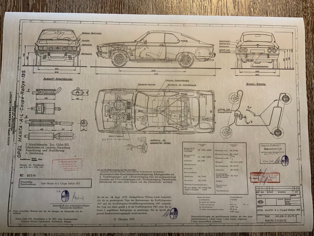 Opel Manta A - L Coupé Rallye 19 S 1970 Blueprint Construction Drawing ...