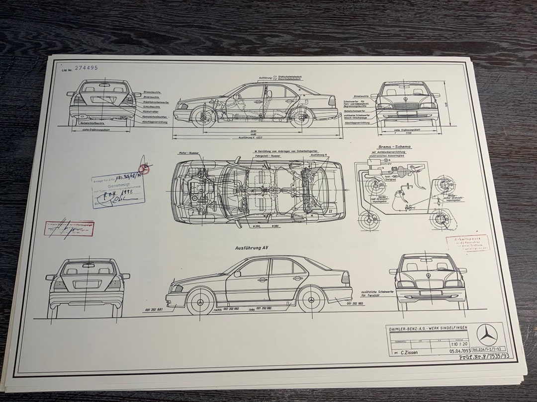 Mercedes C180 1993 Construction Drawing ART Work Blueprint - Etsy