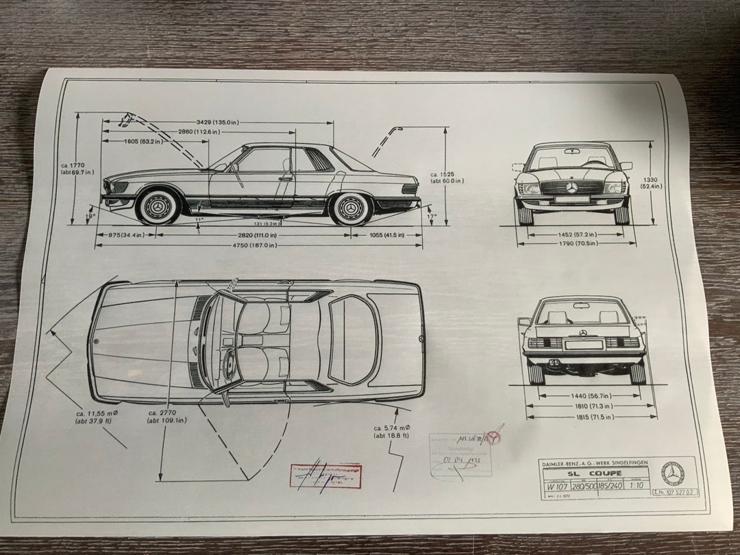 Mercedes W107/C107 Garage Dimensions Coupe SLC 1973 Construction ...
