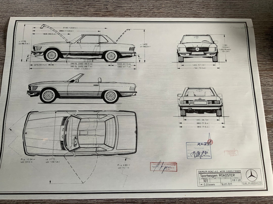 Mercedes W107/R107 Roadster 1971 SL Design Drawing ART Work - Etsy