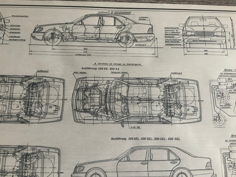 Mercedes W140 Sedan 1991 Design Drawing ART Work Blueprint - Etsy