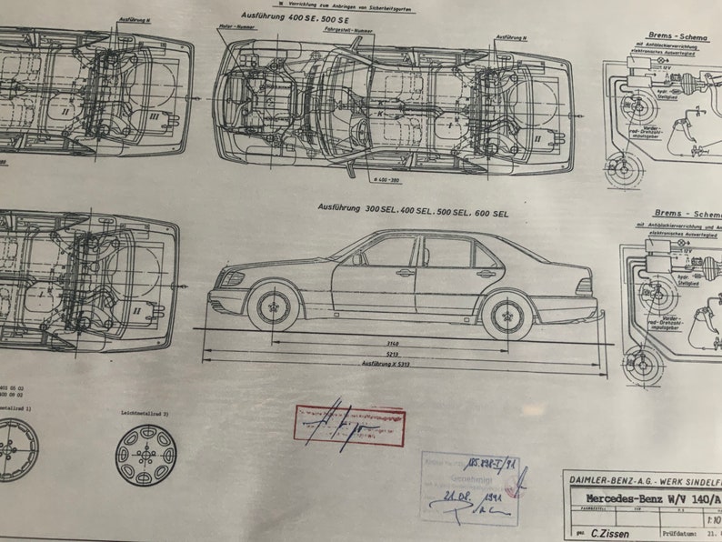 Mercedes W140 Sedan 1991 Design Drawing ART Work Blueprint - Etsy