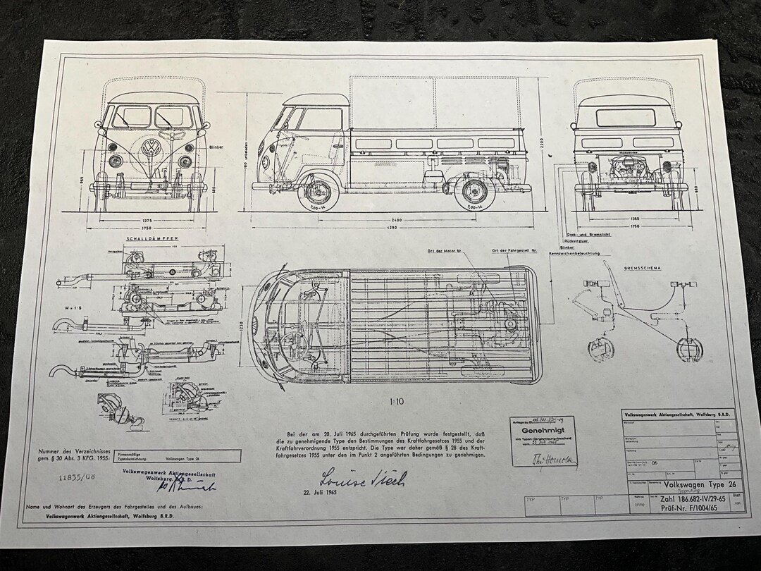 VW T1 Type 26 Kombi 1965 Flatbed Design Drawing ART Work Blueprint - Etsy
