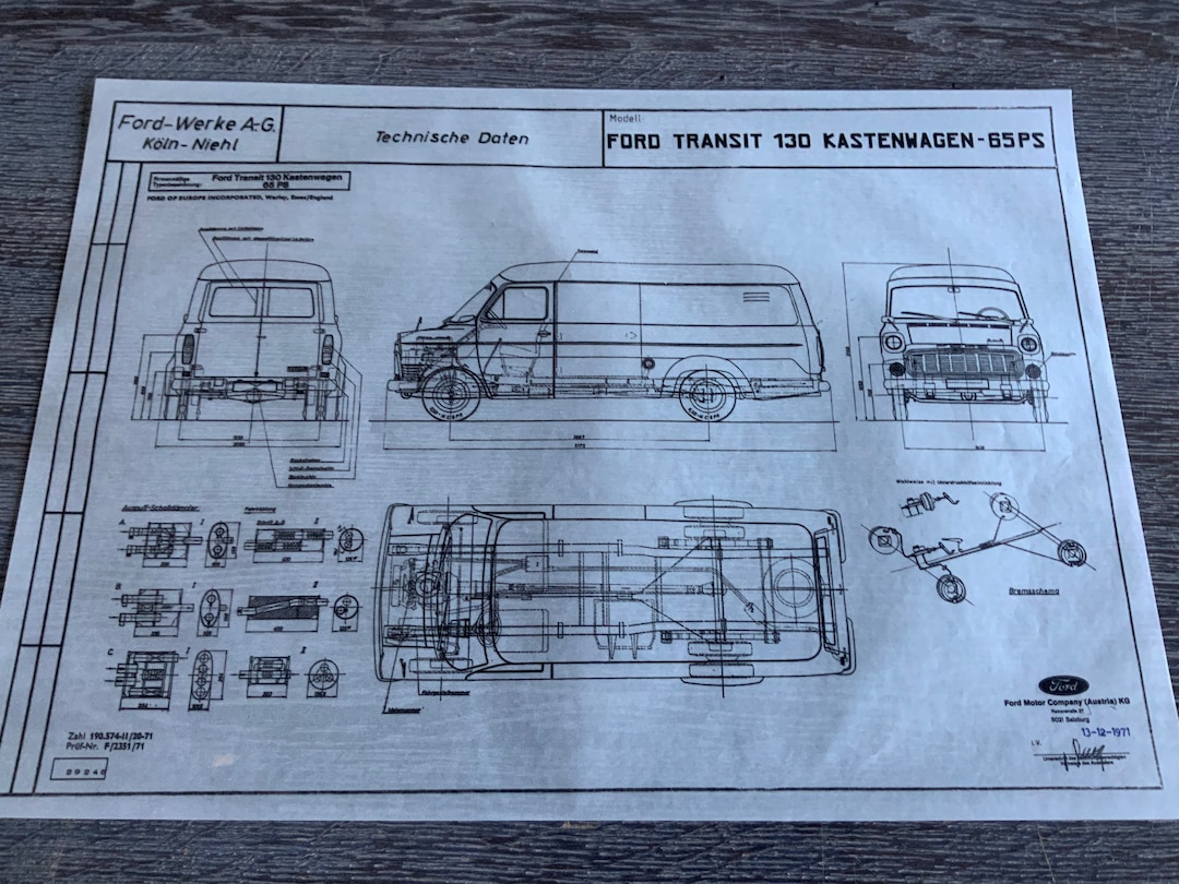 Ford Transit 130 Box 65PS 1971 Construction Drawing ART Work Blueprint ...