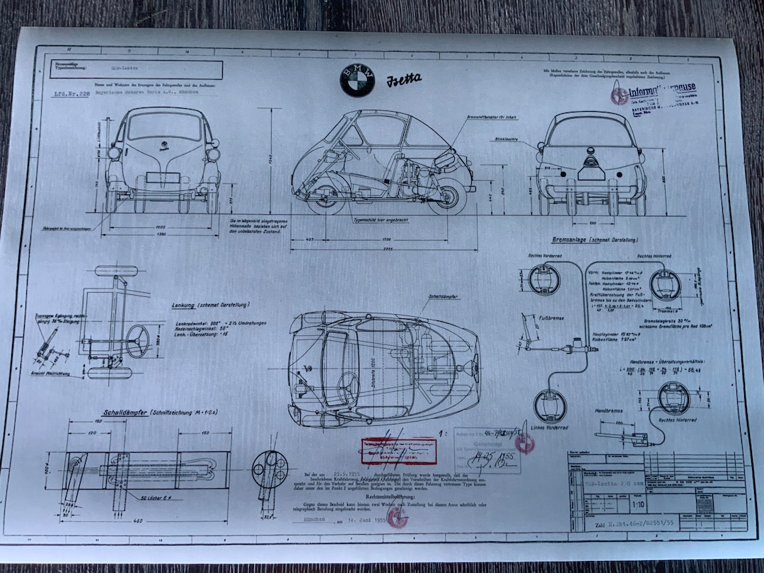 BMW Isetta 250 1955 Original Reproduction Construction Drawing ART Work ...