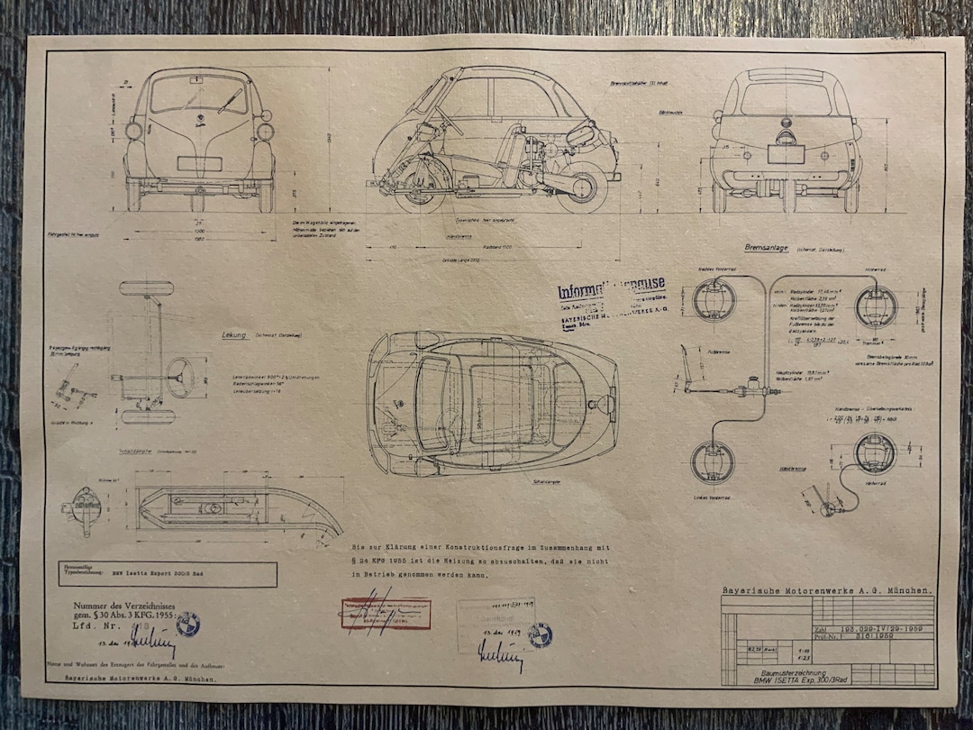 BMW Isetta 300 3 Wheel 1959 Original Reproduction Construction Drawing ...