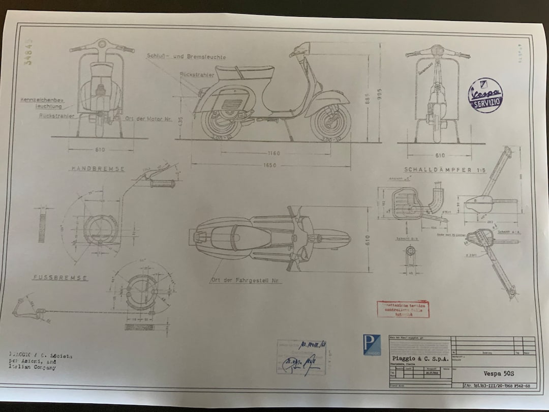 Vespa 50S 1968 Construction Drawing ART Work Blueprint - Etsy