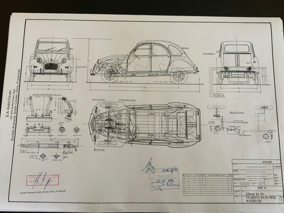 Citroen 2CV 4 1972 Construction Drawing ART Work Blueprint | Etsy