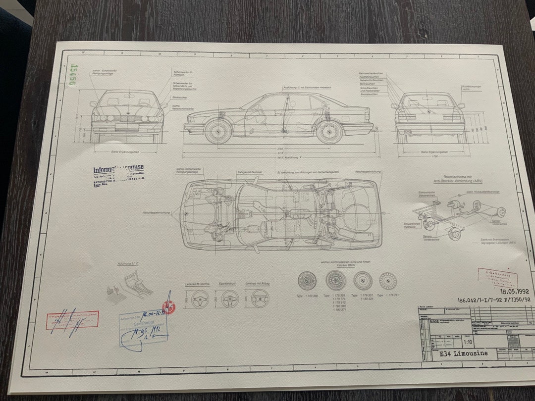 BMW E34 Sedan 1992 Construction Drawing ART Work Blueprint - Etsy