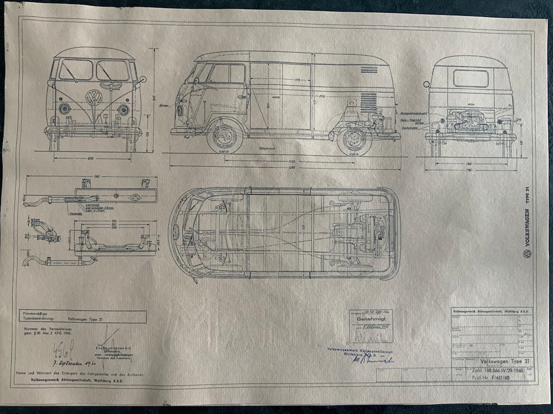 Kombi T1 Type 21 1960 VW Construction Drawing ART Work Blueprint - Etsy