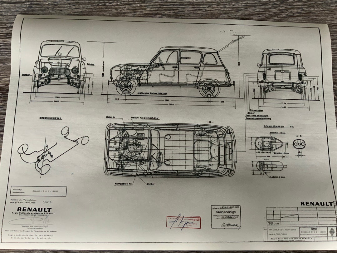 Renault R4 L (1123) 1962 dibujo de construcción ARTE plano de trabajo ...