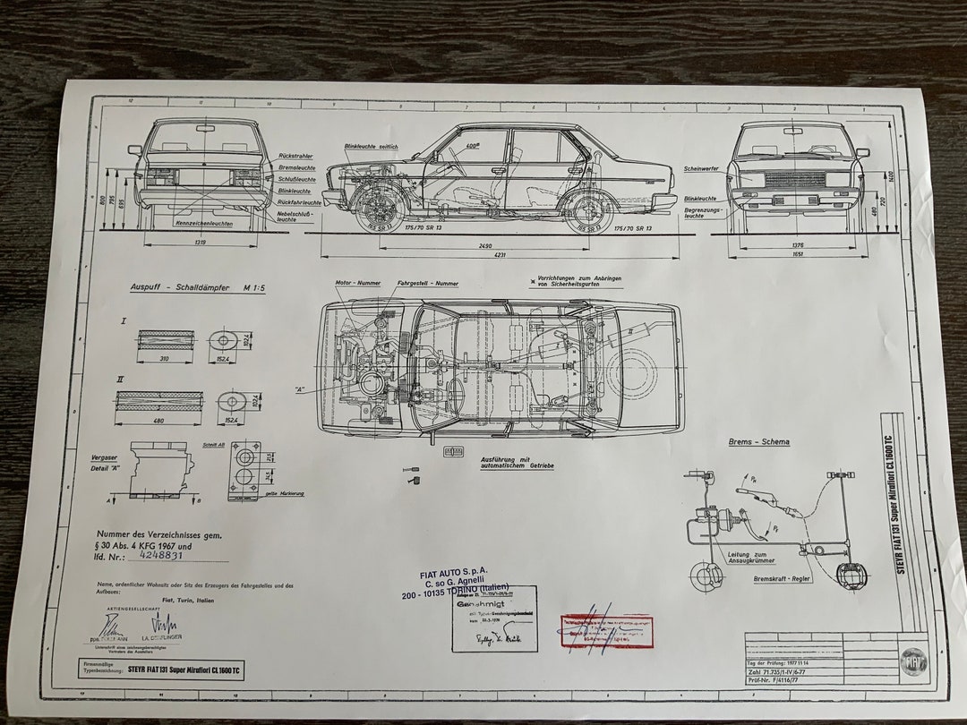Fiat 131 Mirafiori Super CL 1600 TC 1977 Construction Drawing ART Work ...