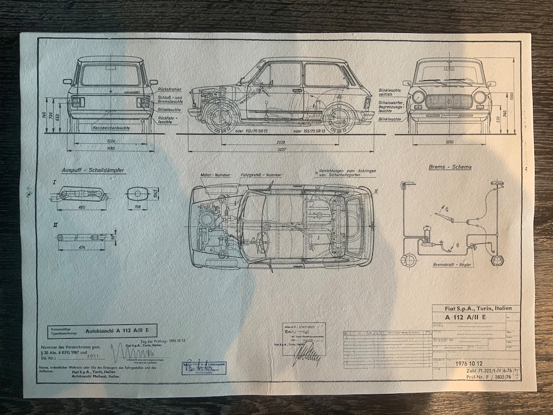 Autobianchi A112 AII E 1976 Construction Drawing ART Work Blueprint - Etsy