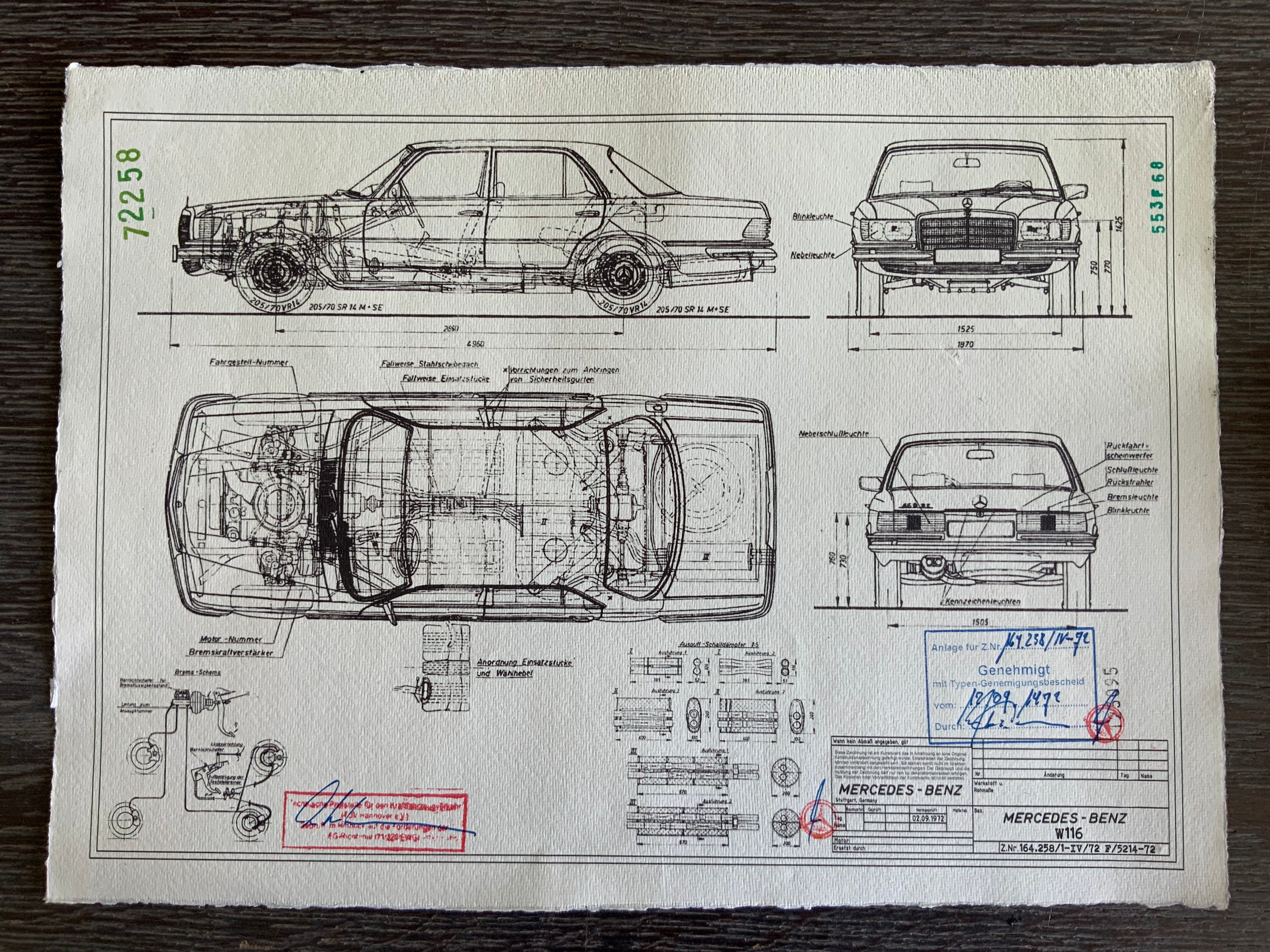 Mercedes W116 SL 450 1972 construction drawing ART work
