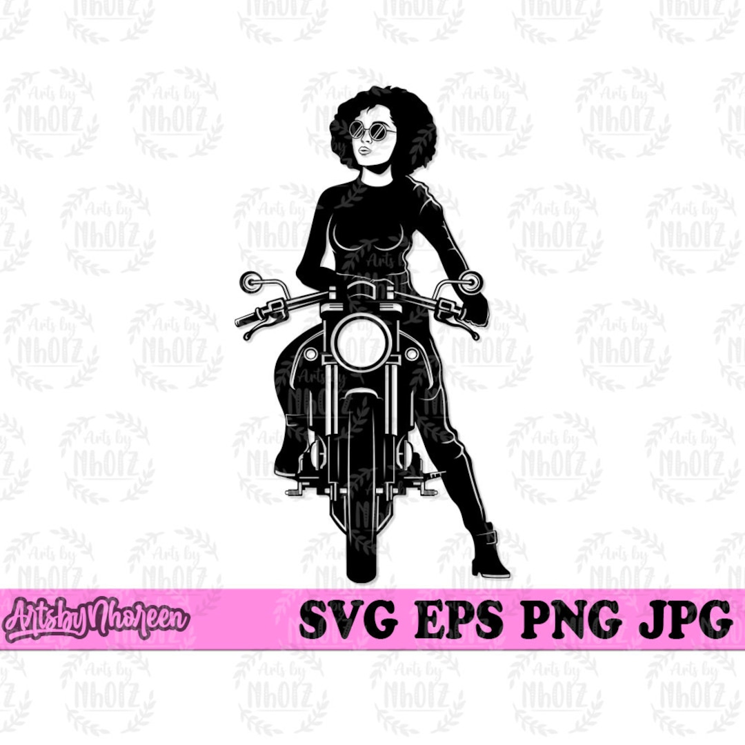Girl Biker Afro Svg, Lady Rider Clipart, Motorbike Black Woman Stencil ...