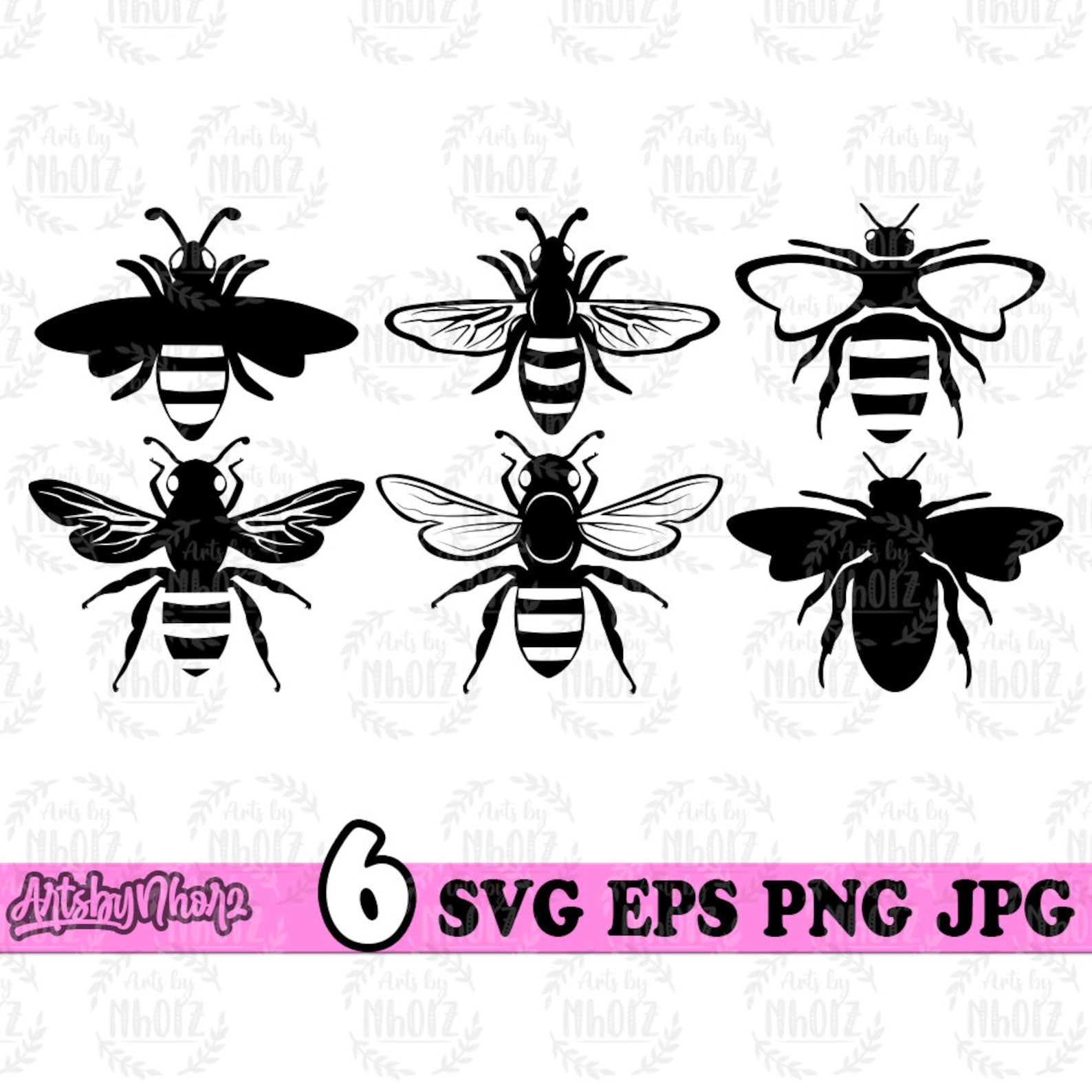 6 Bees Bundle Svg Bee Clipart Cute Bees Png Bee Cutfile Cute Insects ...