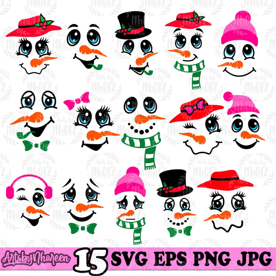 15 Christmas Snowman SVG Bundle, Cute Snowmen Faces Clipart, Colorful ...