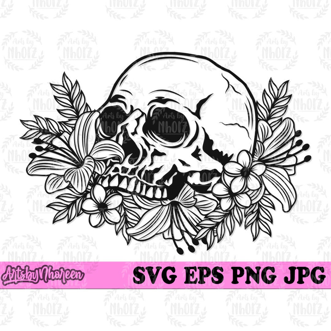 Floral Skull Svg, Gothic Skeleton Head Clipart, Flower Horror Skeletal ...