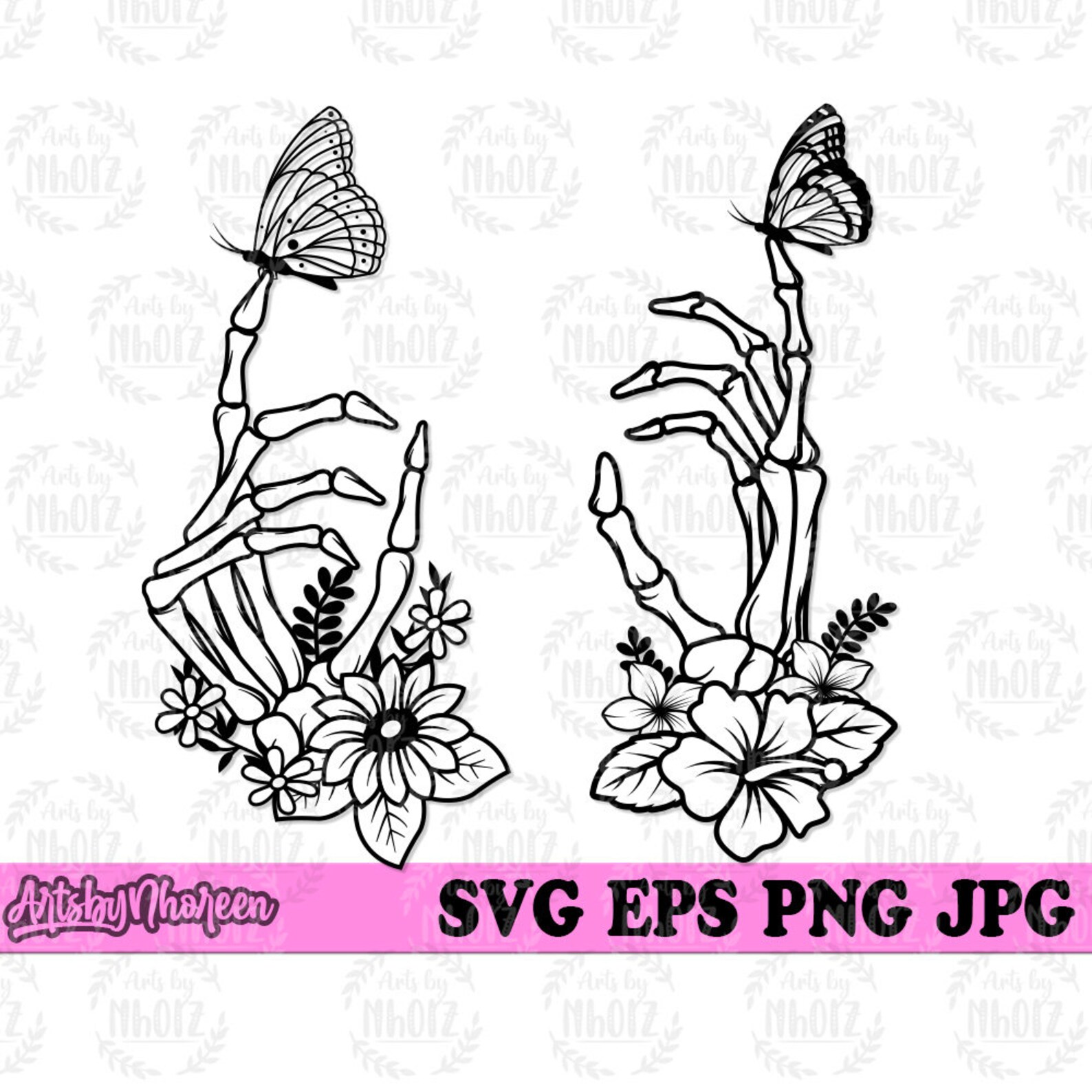 Skeleton Hand With Florals Butterfly Svg Flower Hand Clipart - Etsy