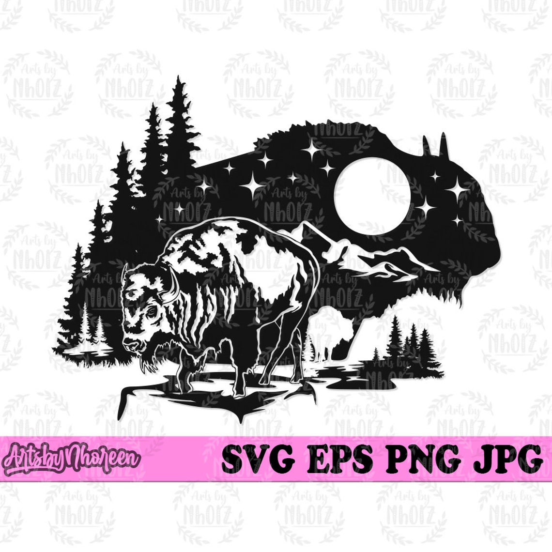 Buffalo Scene Svg, Wilderness Clipart, Wild Animal Cut File, Forest ...