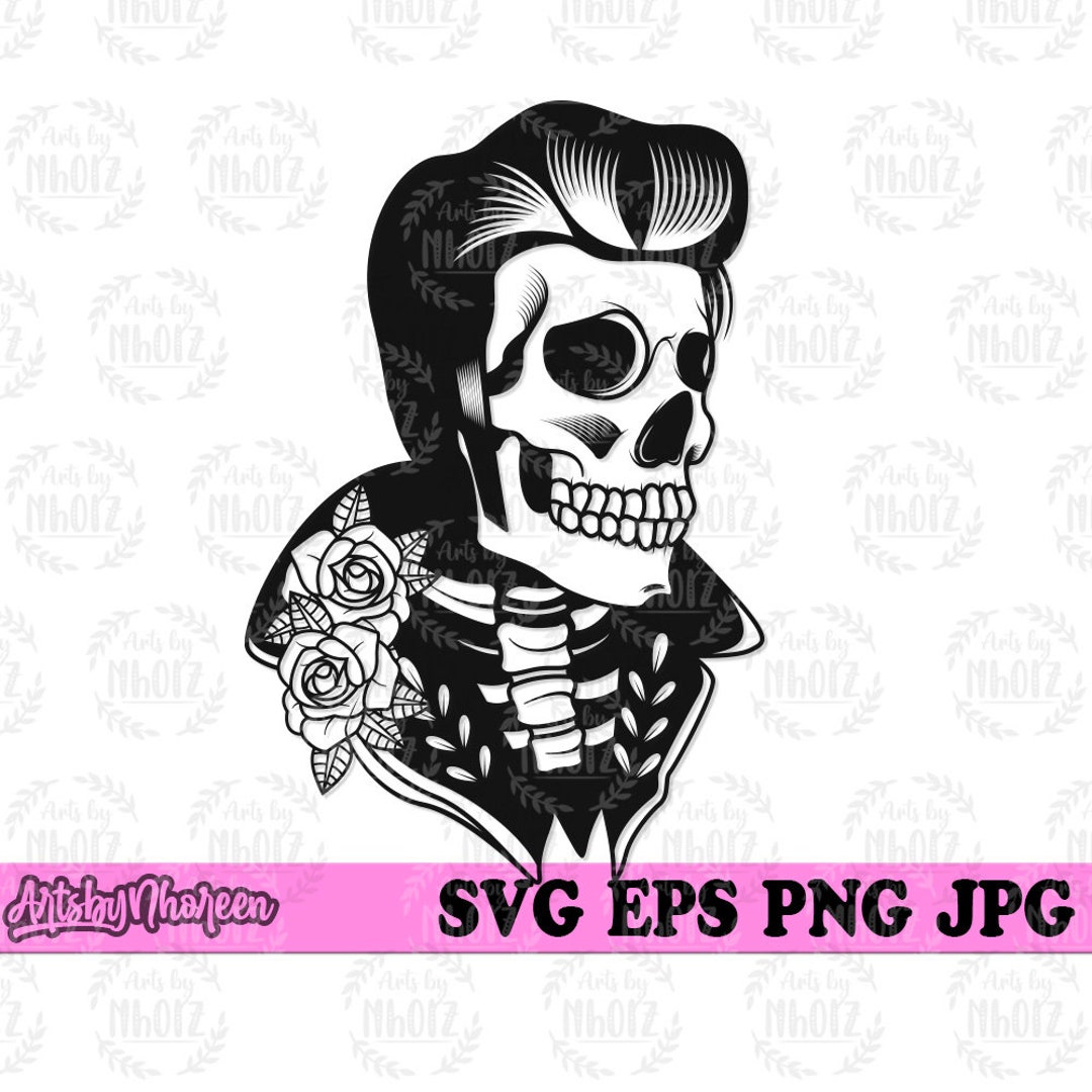 Rockabilly Skull Svg, Floral Man Skull Clipart, Skeleton Dad Gift Idea ...
