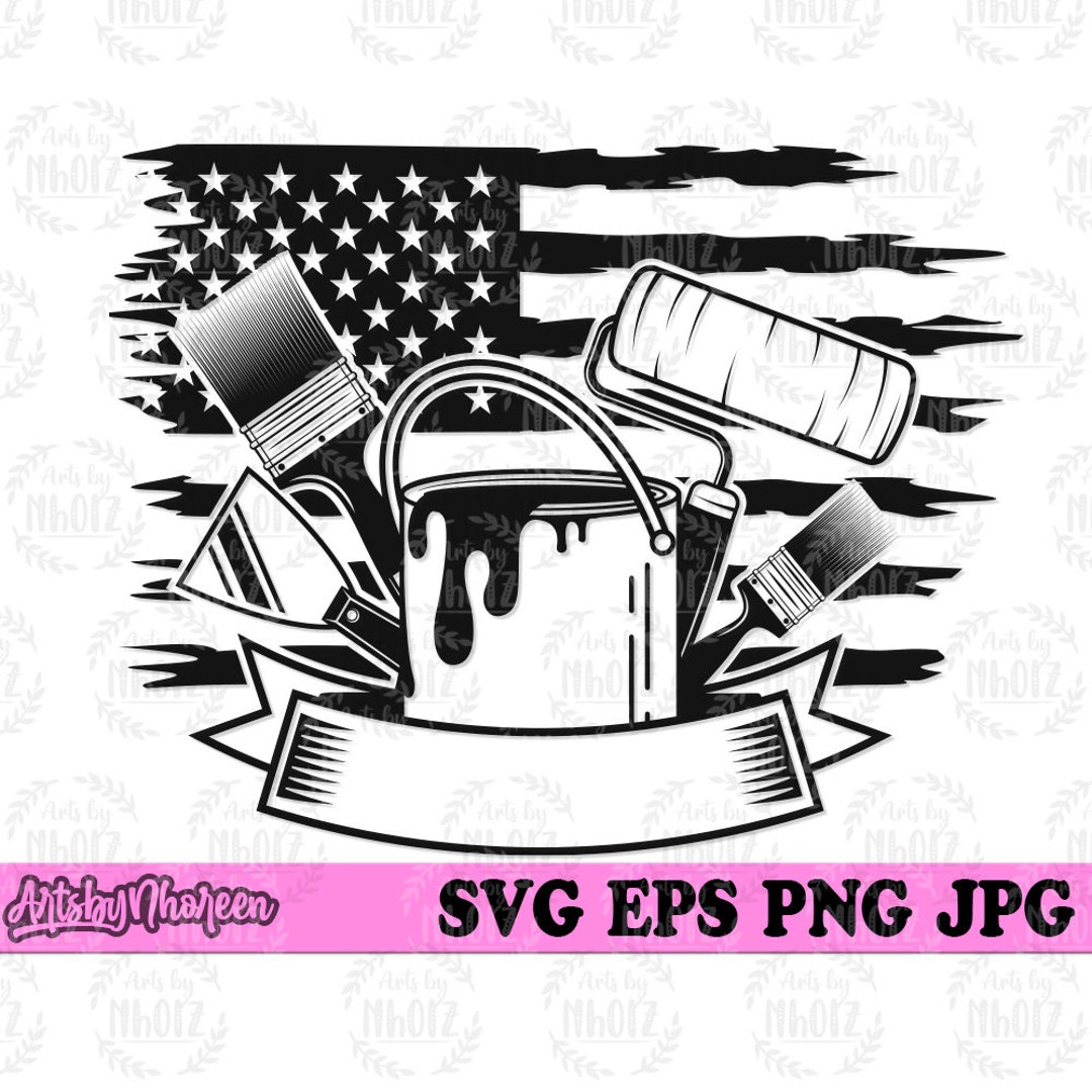 US Painter Tools Svg, Paint Bucker Clipart, Paint Brush Roller Stencil ...