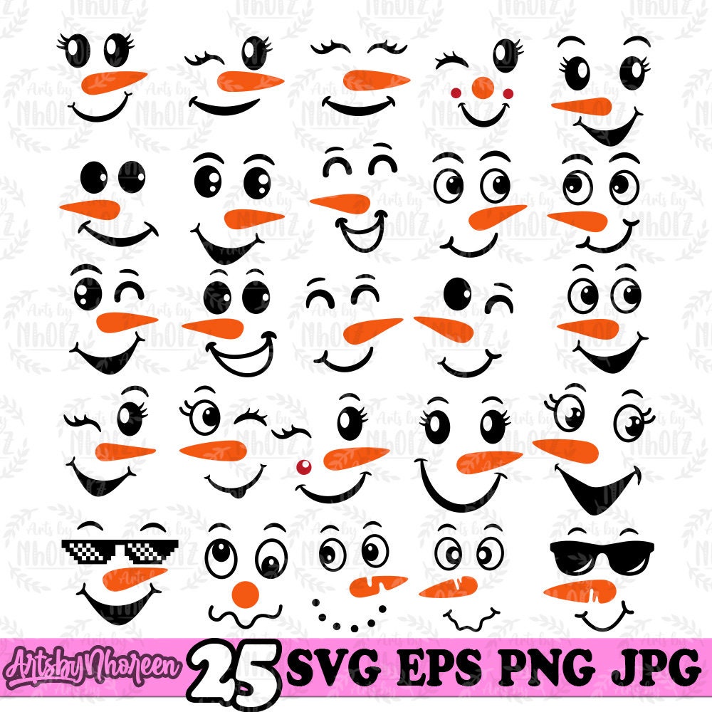 25 Snowman SVG Bundle, Cute Snowmen Faces Clipart, Christmas PNG Bundle ...