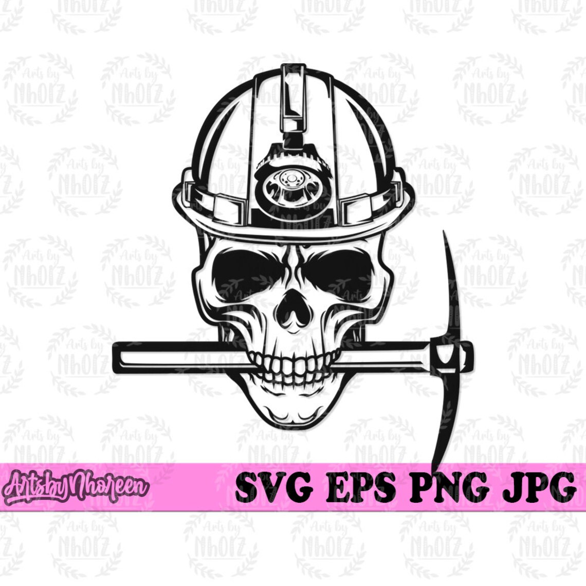 Mining Skull Svg, Gothic Skeletal Head Miner Biting Pick Clipart ...