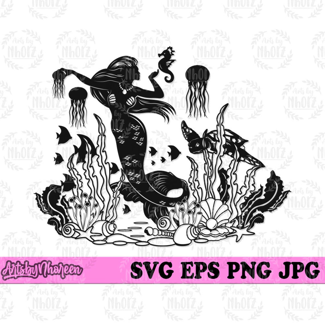 Mermaid Svg Dancing Lady Fish Stencil Underwater Scene - Etsy