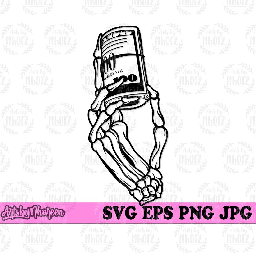 100 Dollar Bundle on Skeleton Hand Svg, Money Paper Bill Clipart, Goth ...